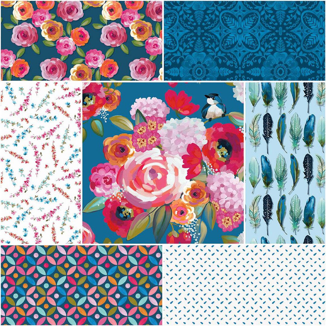 Lila Tueller Poppies & Plumes Ocean 1 Yard Bundle, 7pc, Riley Blake ...