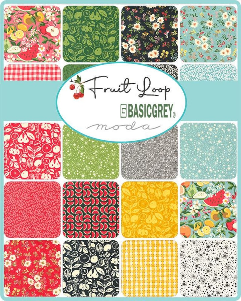 Moda Fruit Loop Fabric Charm Pack, 5" Squares, Basicgrey Fabric, Fruit ...