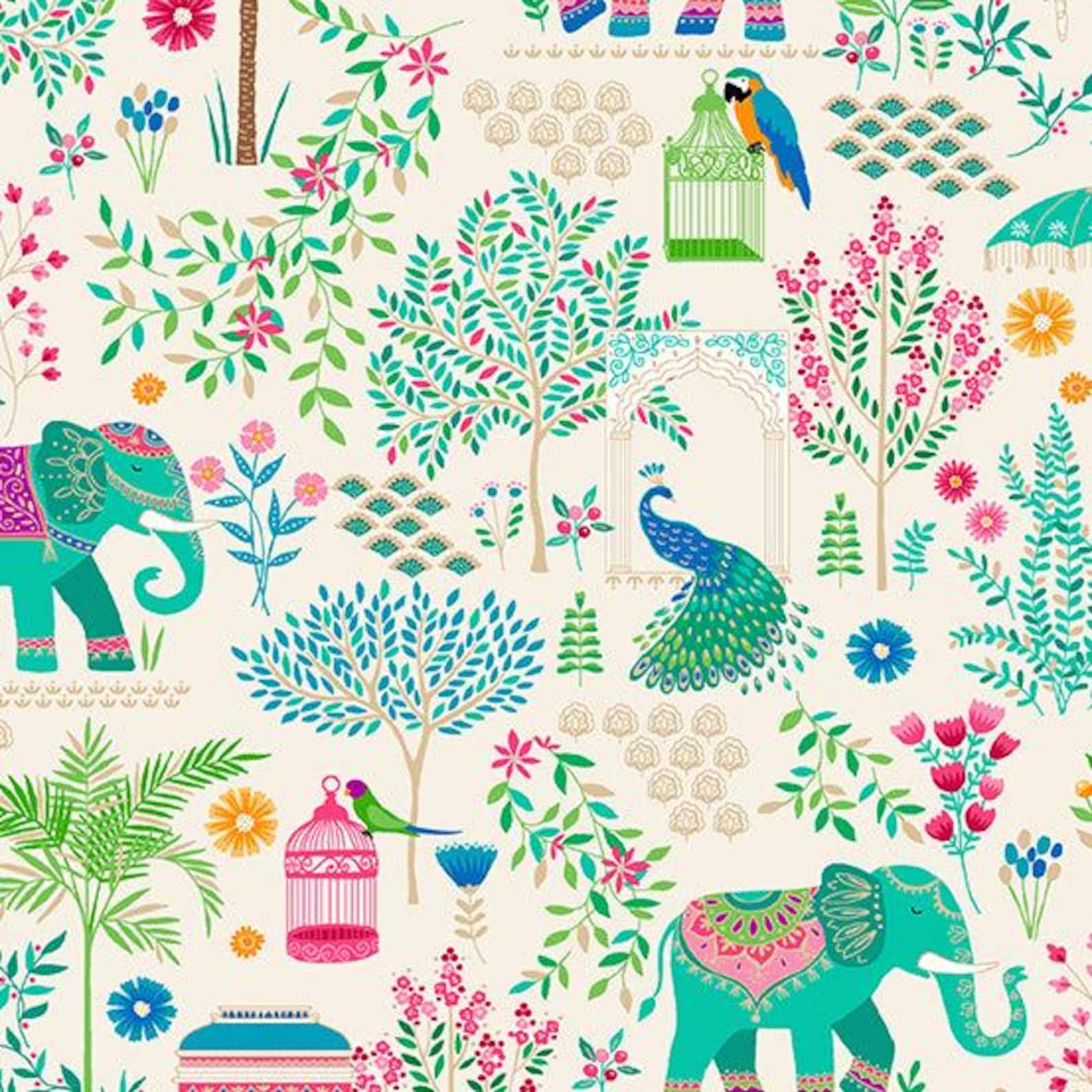 Andover Fabrics Jaipur Peach TP-2560-Q, Scenic Elephants Peacocks ...