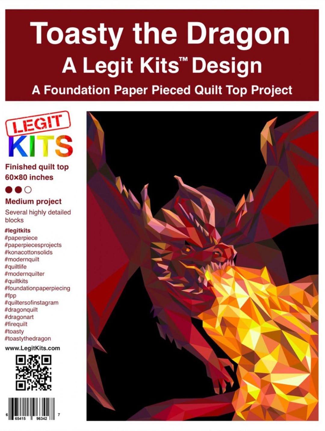 Legit Toasty the Dragon Quilt Kit Pattern Foundation Paper Piecing 60 X ...