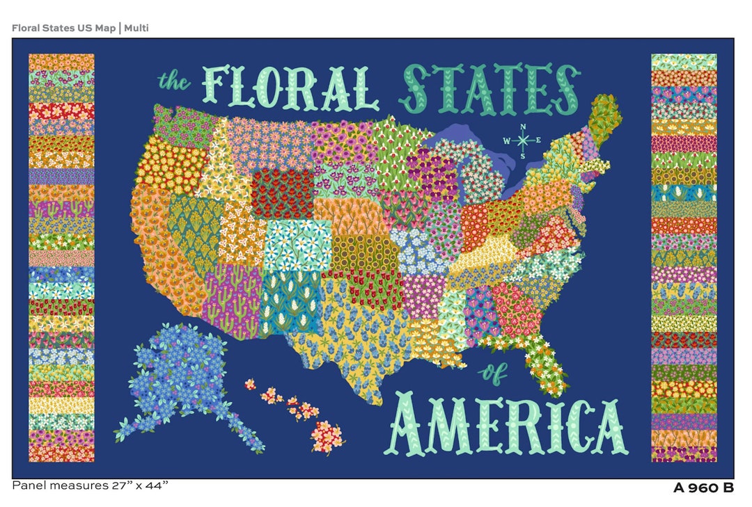 Andover Floral States of America Fabric Panel 27" X 44" A-960-B , 100% ...