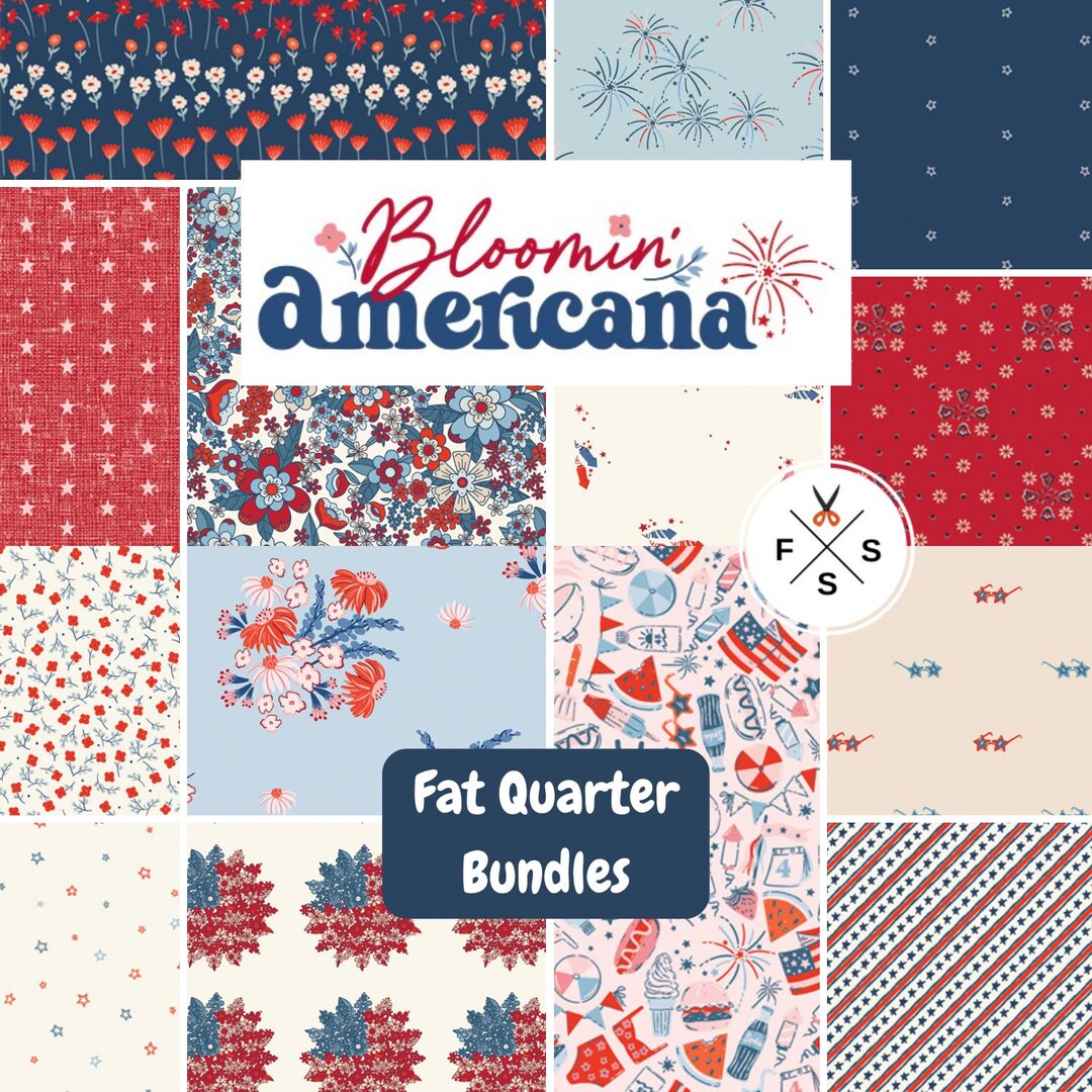 Bloomin' Americana Fabric Fat Quarter Bundle, 14 Red White Blue Prints ...