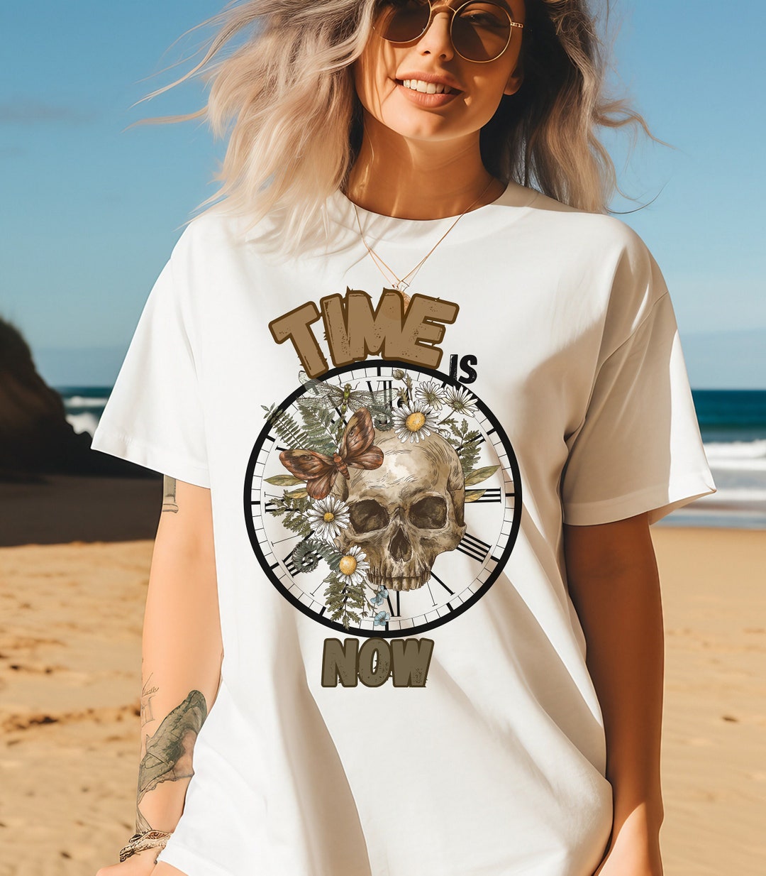 Time is Now Cool T-shirt, Unisex T-shirt, Flower Tee, Skeleton Shirt ...