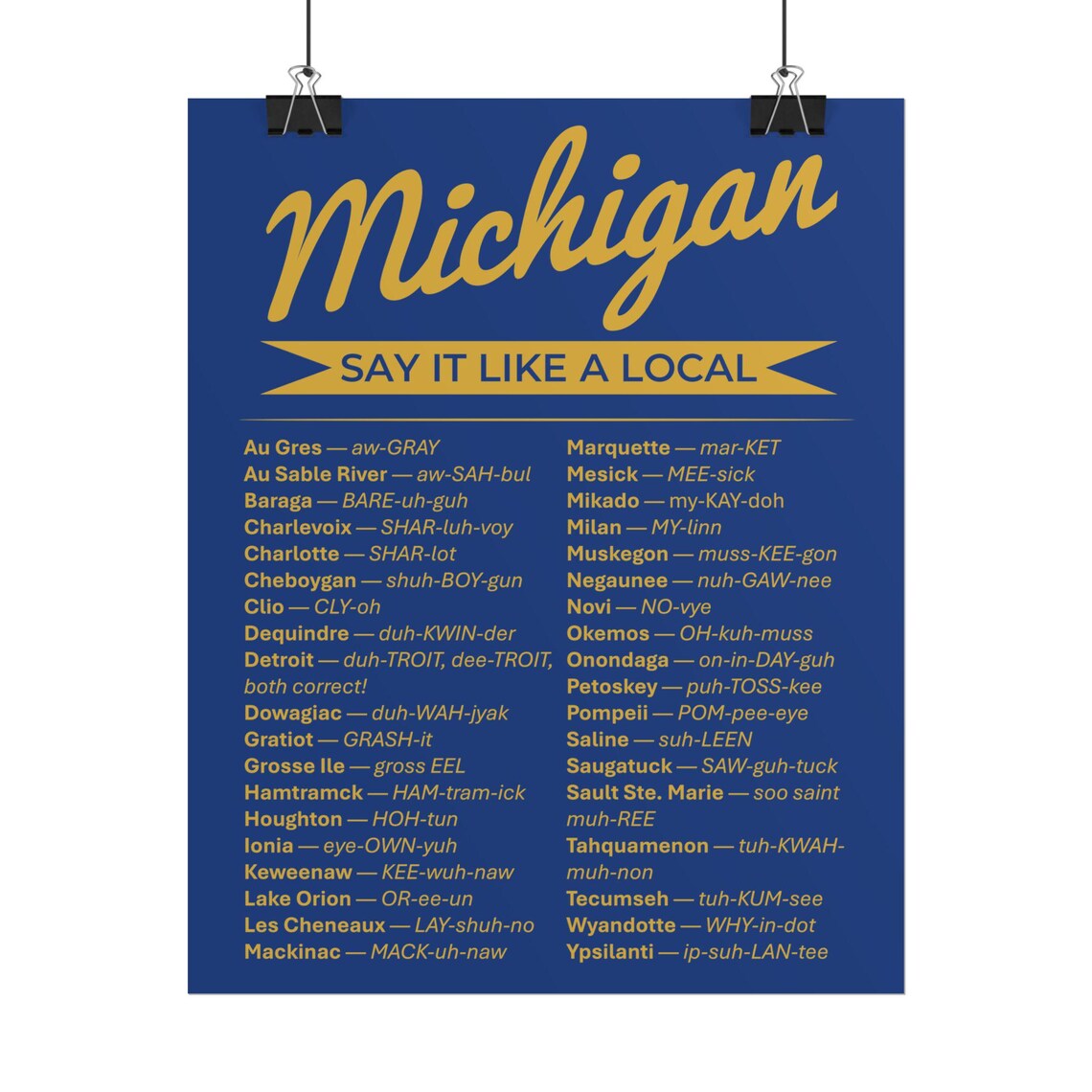 Michigan Town Pronunciation Guide Poster | Michigan Gift - Etsy
