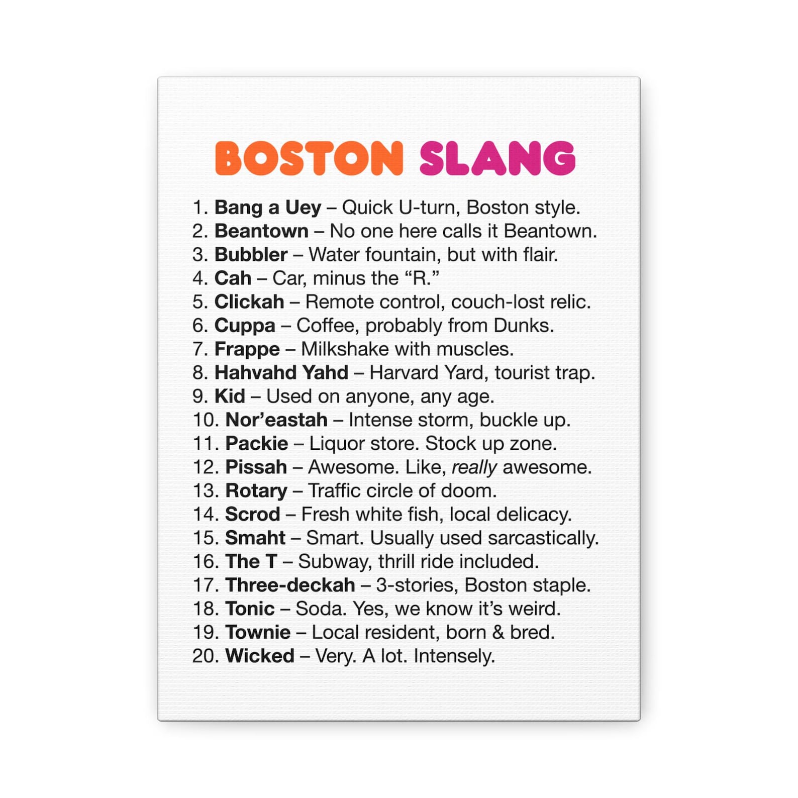 Boston Slang Canvas Print: Funny Boston Accent Decor, New England Gift ...