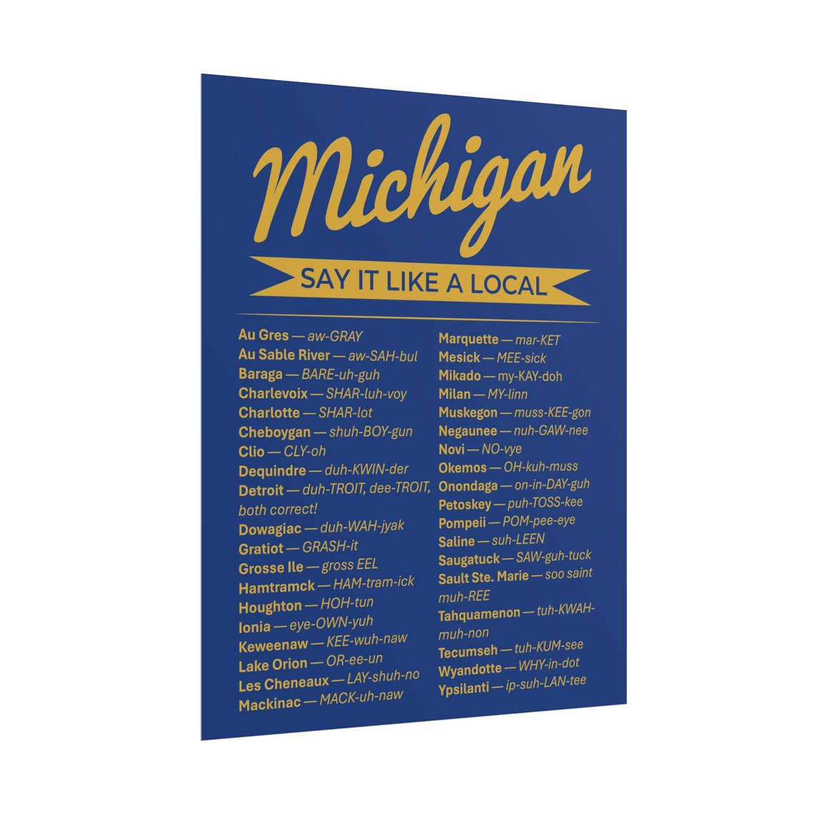 Michigan Town Pronunciation Guide Poster | Michigan Gift - Etsy