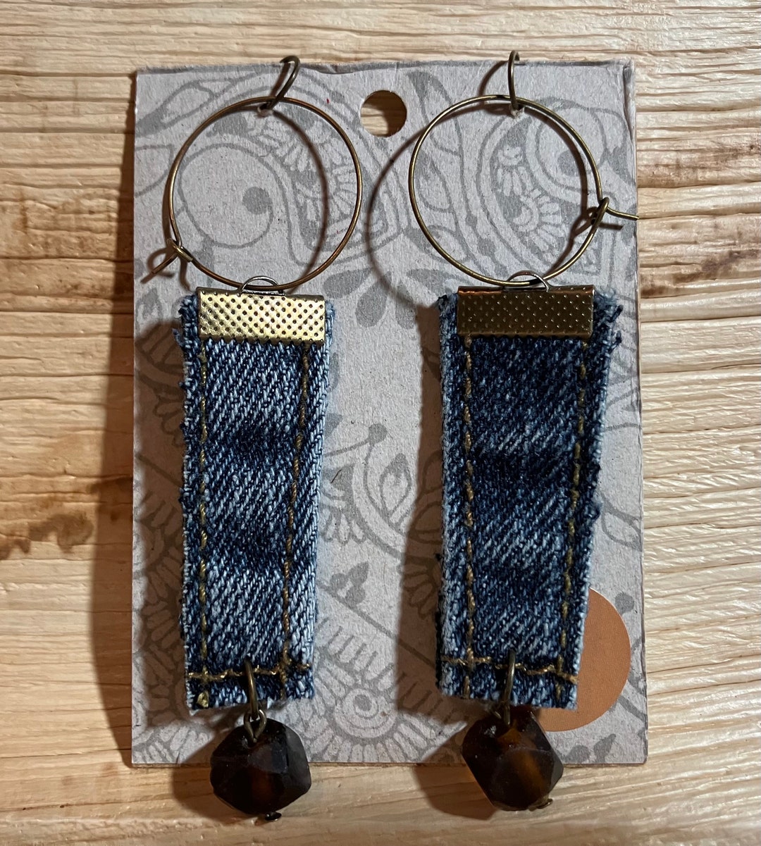 Salvaged Denim Hoop Earrings Upcycled Jewelry Primitive Beads Dangle ...