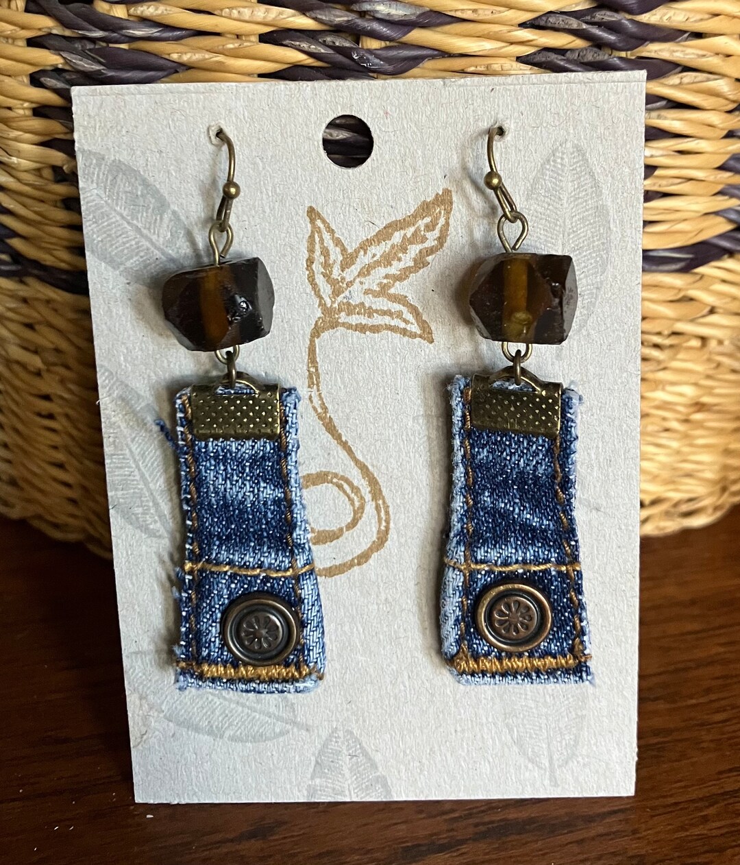 Salvaged Denim Earrings Upcycled Jewelry Primitive Beads Dangle ...