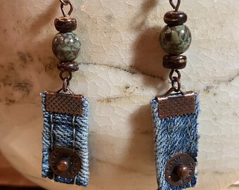 Salvaged Frayed Denim Earrings Upcycled Jewelry Natural Gemstone Beads ...