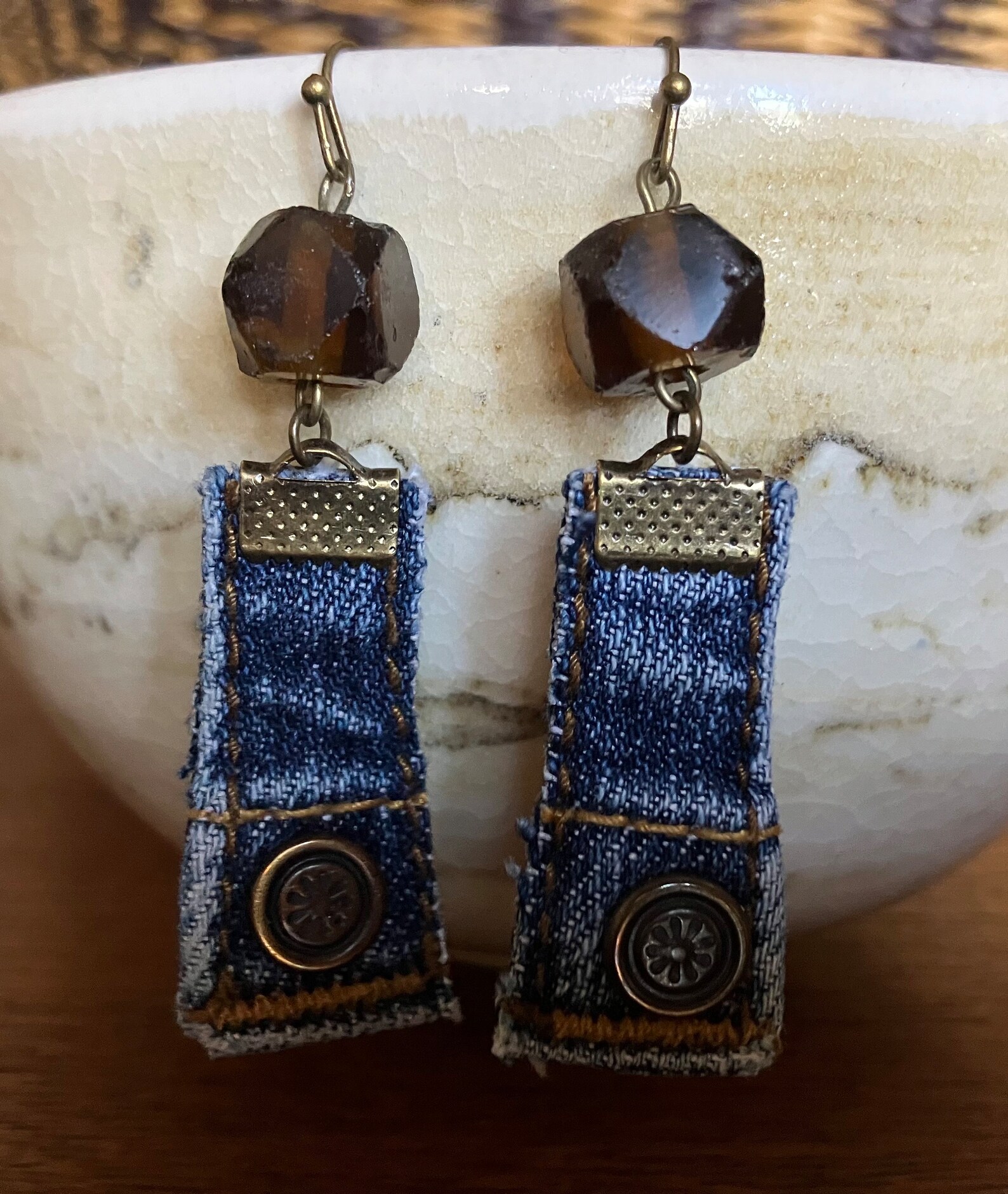 Salvaged Denim Earrings Upcycled Jewelry Primitive Beads Dangle ...