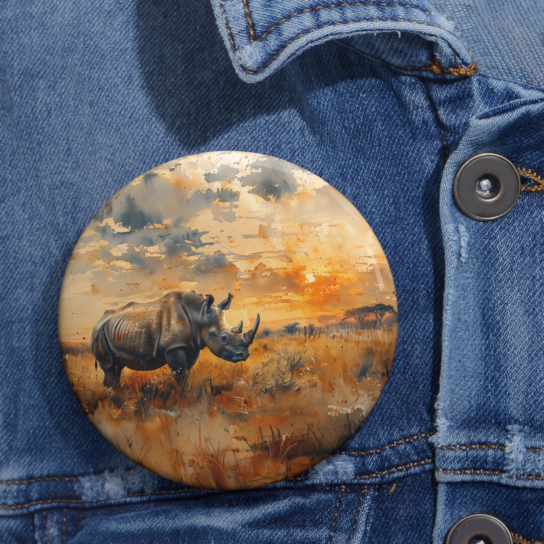 Rhinoceros Pin Button With Natural Watercolor Art | Unique Accessory ...