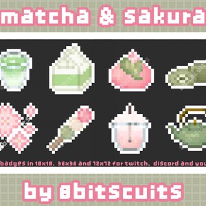 Matcha & Sakura • Pixel Art Icon Pack • Cute Twitch Sub Bit Badges ...