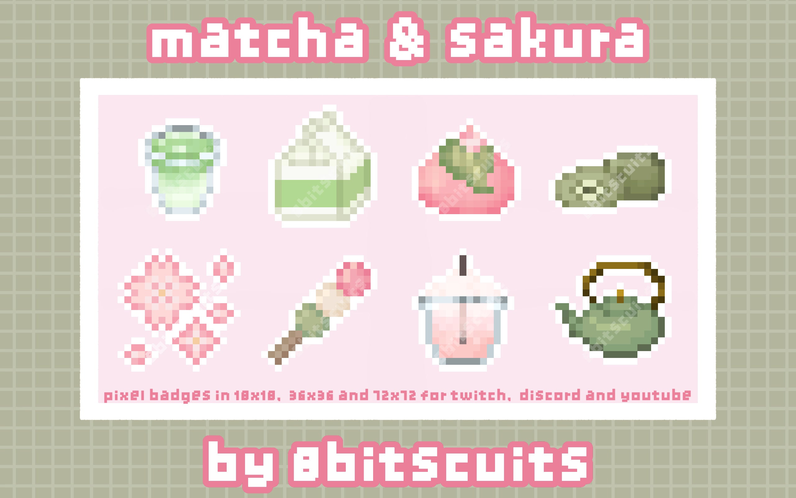 Matcha & Sakura • Pixel Art Icon Pack • Cute Twitch Sub Bit Badges ...
