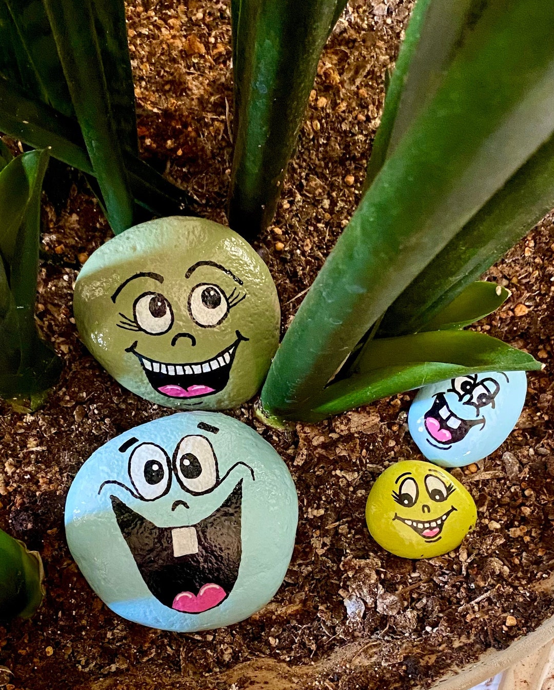 Handpainted Silly Face Art Rocks LARGE Funny Face Potted Plant Pals ...