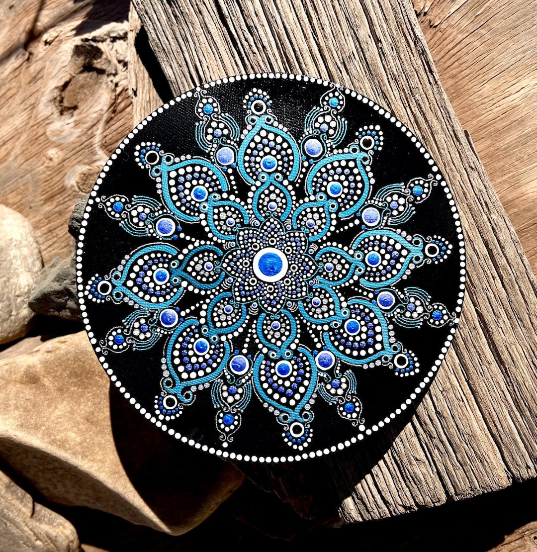Blue Metals Mandala Acrylic Dot Art Painting 8 Inch Round Stretched ...