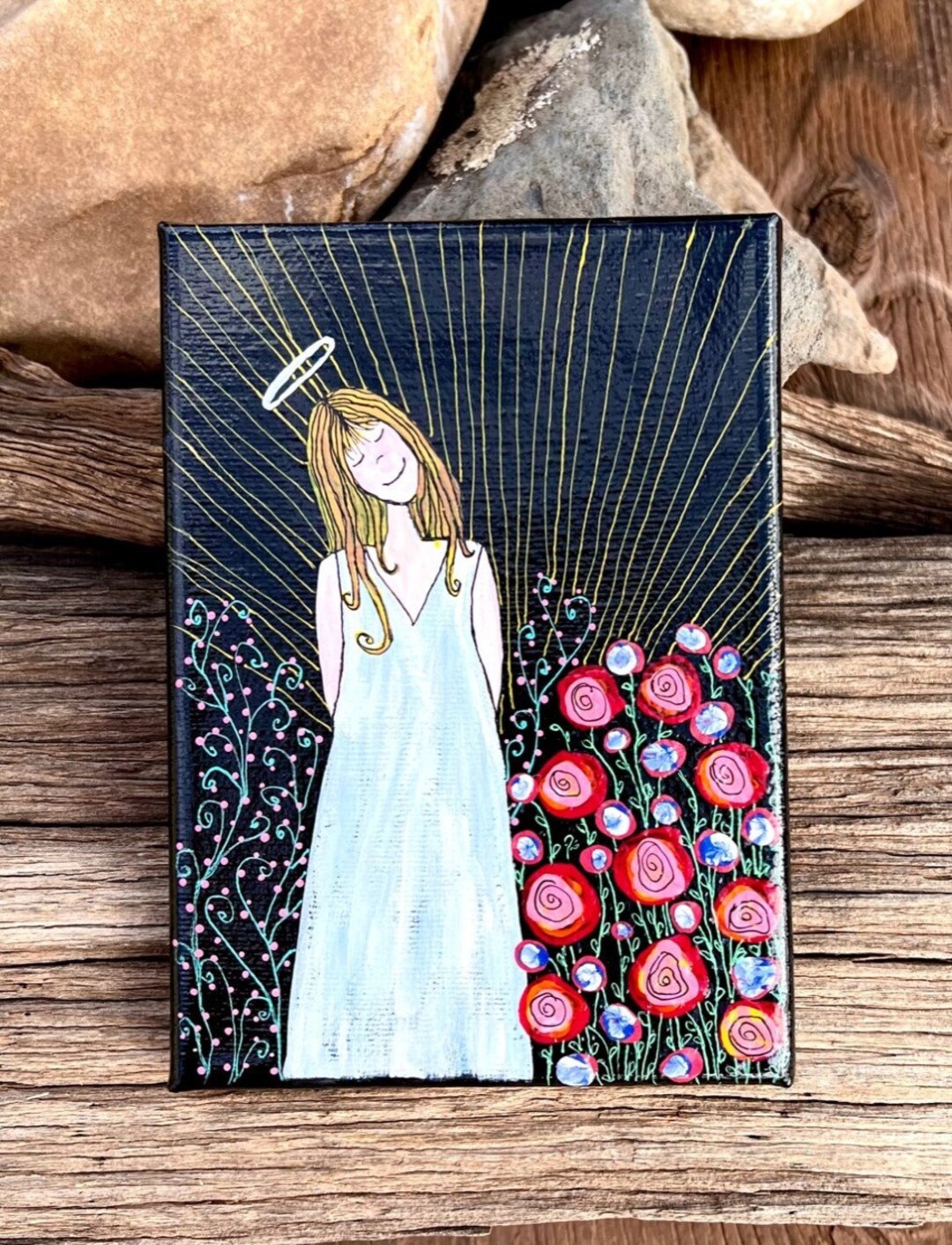 Eden Midnight Angel Small Painting 5X7 Stretched Canvas Angels Floral ...