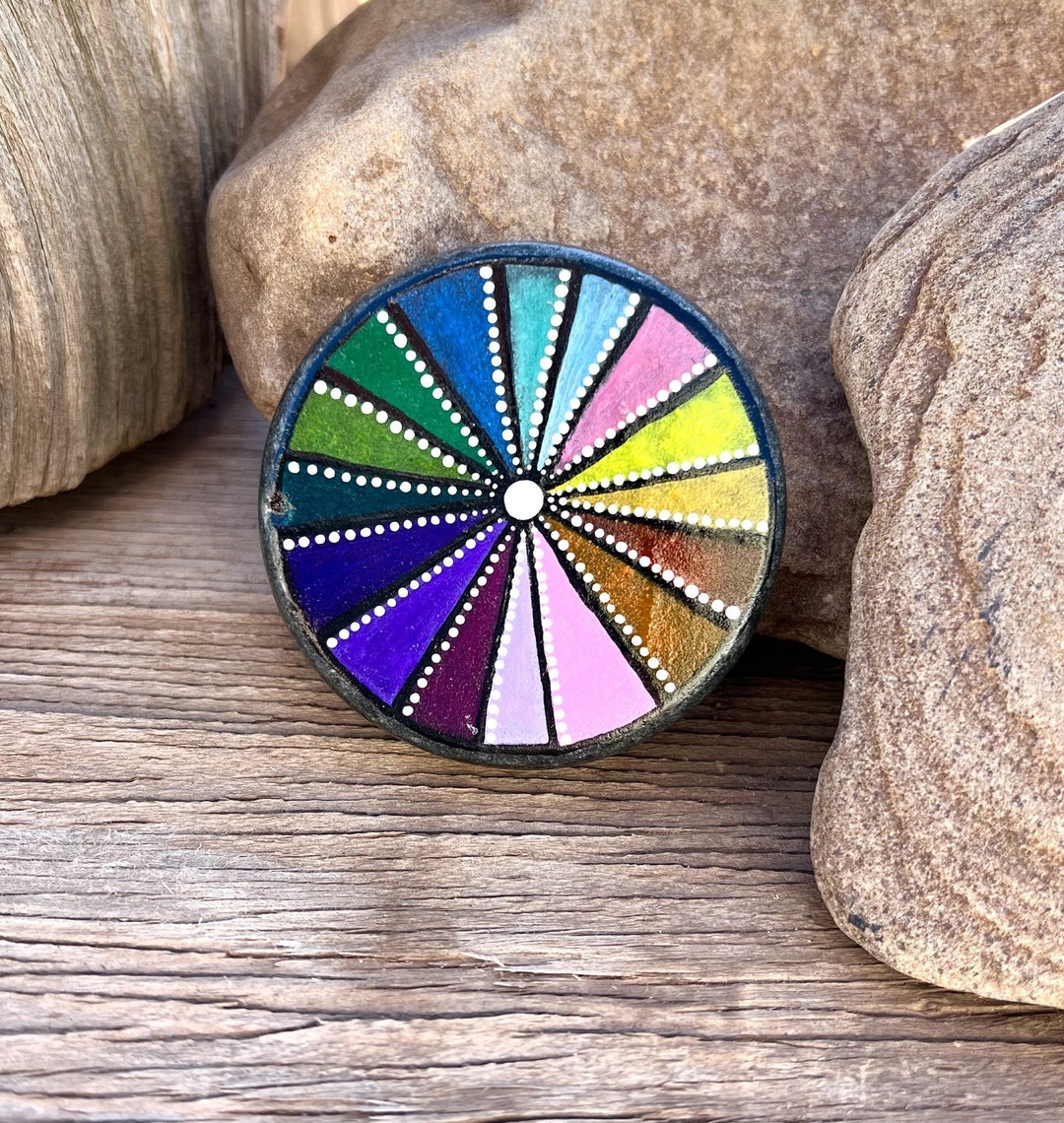 Hand Painted Color Wheel Art Rock Blues Pinks Purples White Black ...