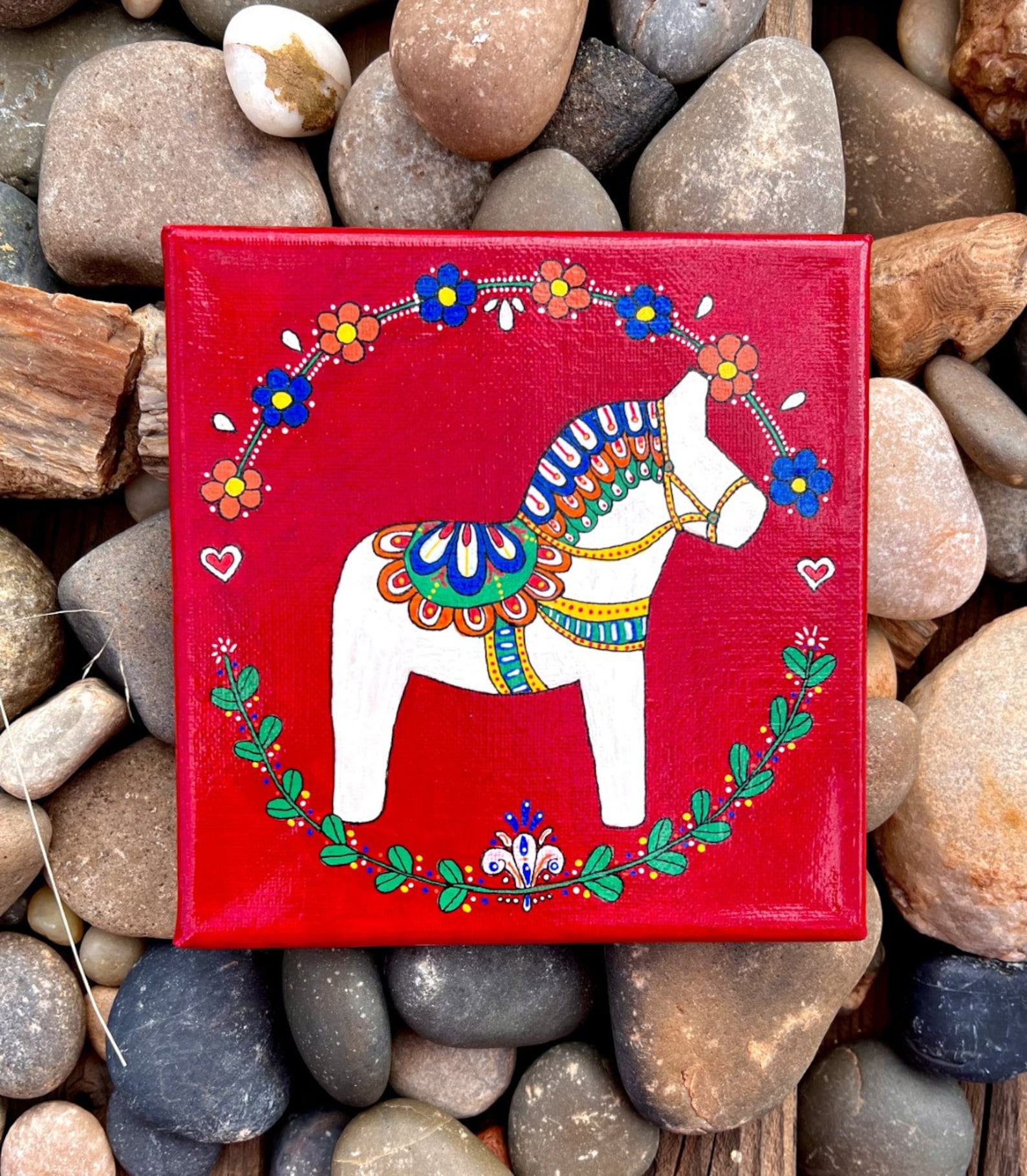 Dala Horses Paintings 6 X 6 Inch Canvas Acrylic Art Choose White or Red ...