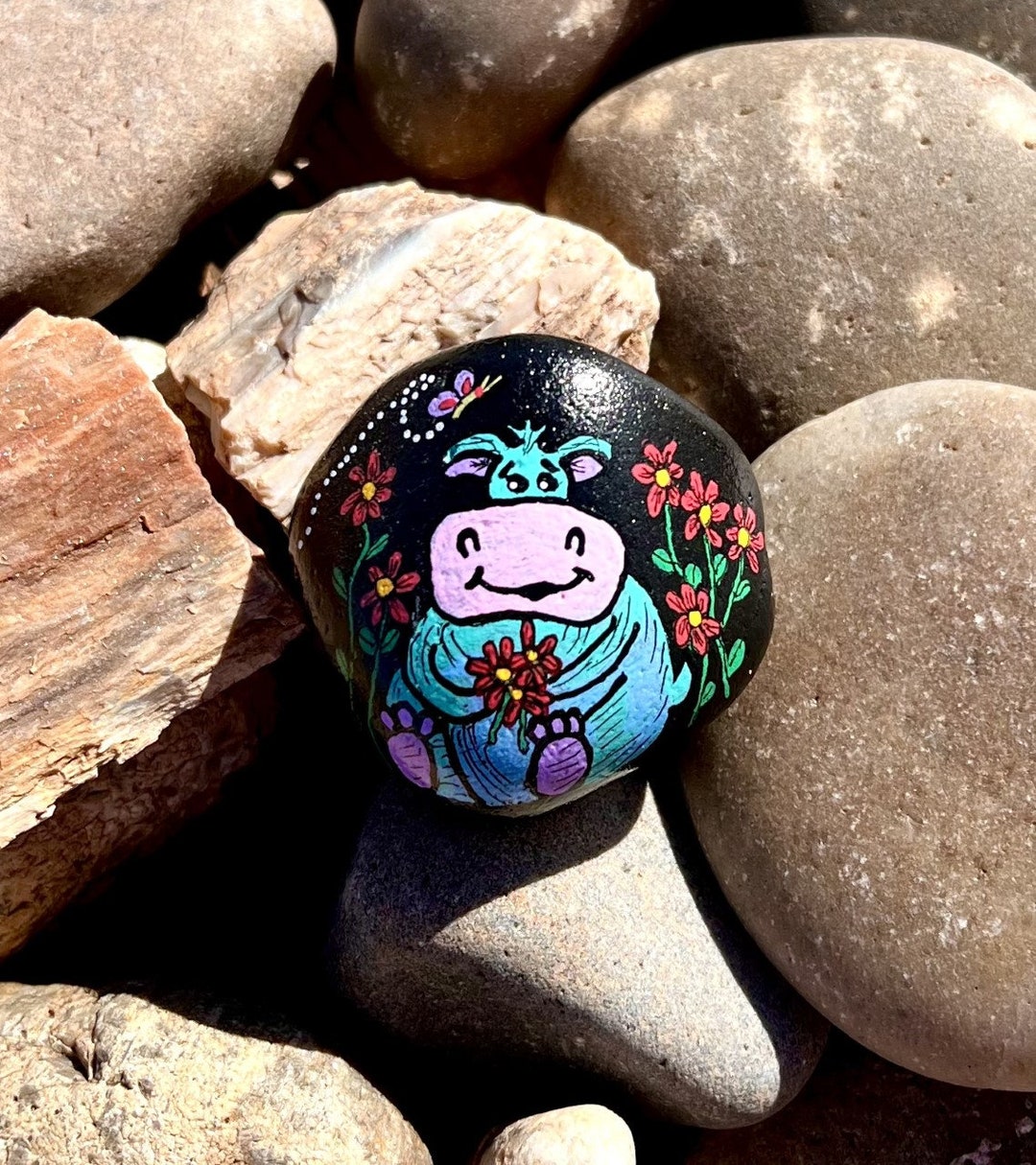 Hand Painted Happy House Hippo Art Rock Stone Painting Whimsical ...