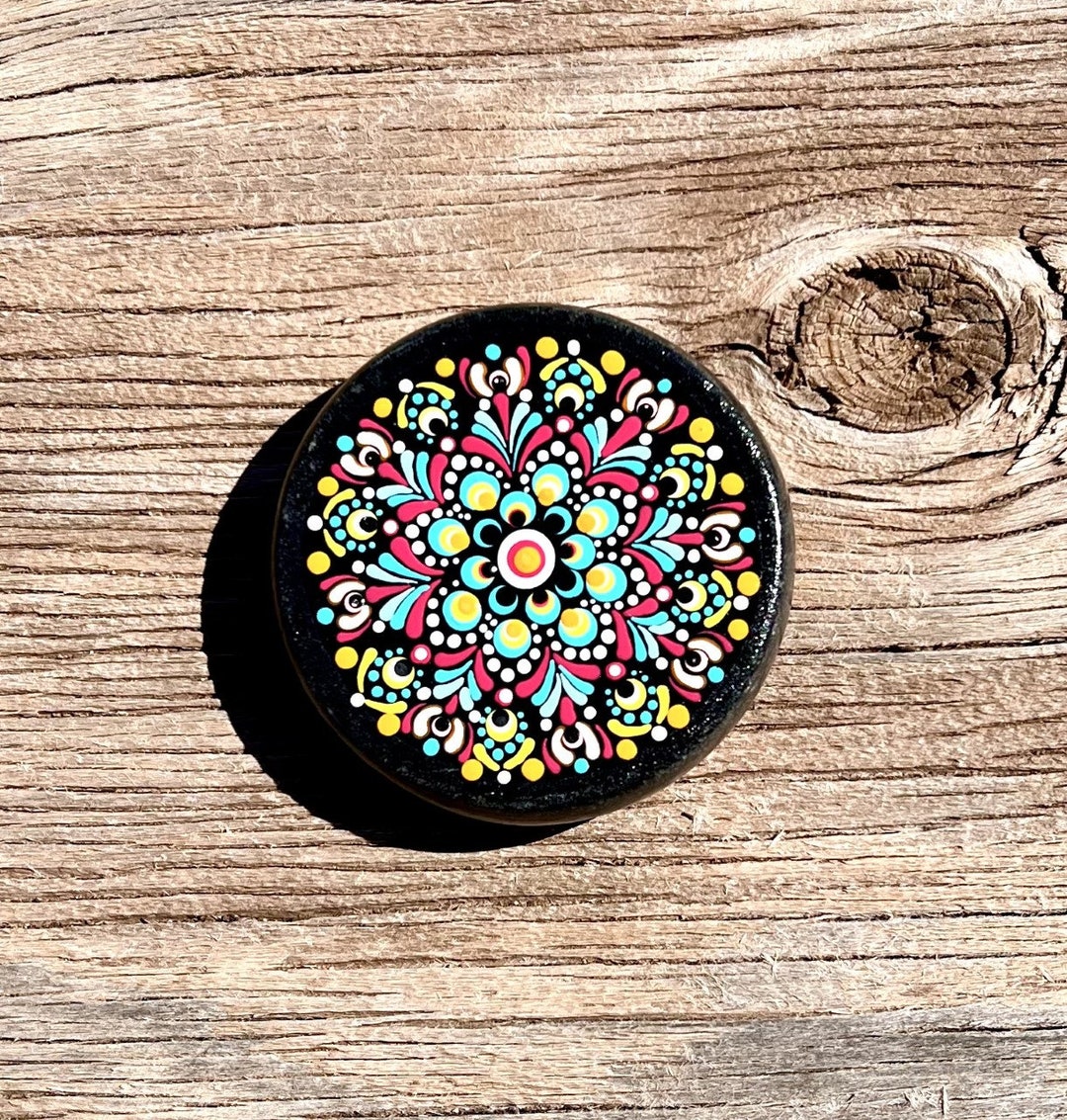 Hand Painted Busy Colors Mandala Art Rock Pinks Orange Blues Aqua White ...