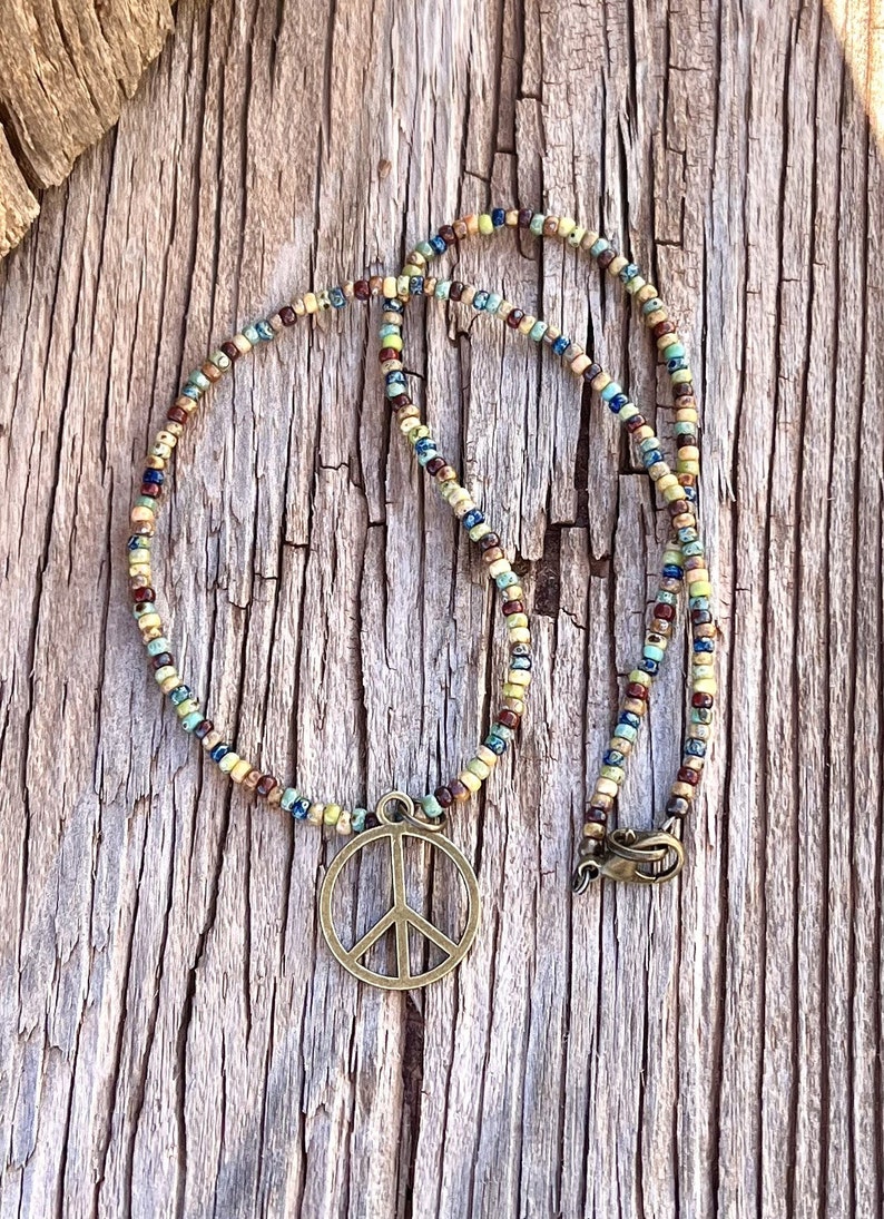 Minimalist Style Hippie Peace Sign Pendant Seed Bead Layering Necklace ...