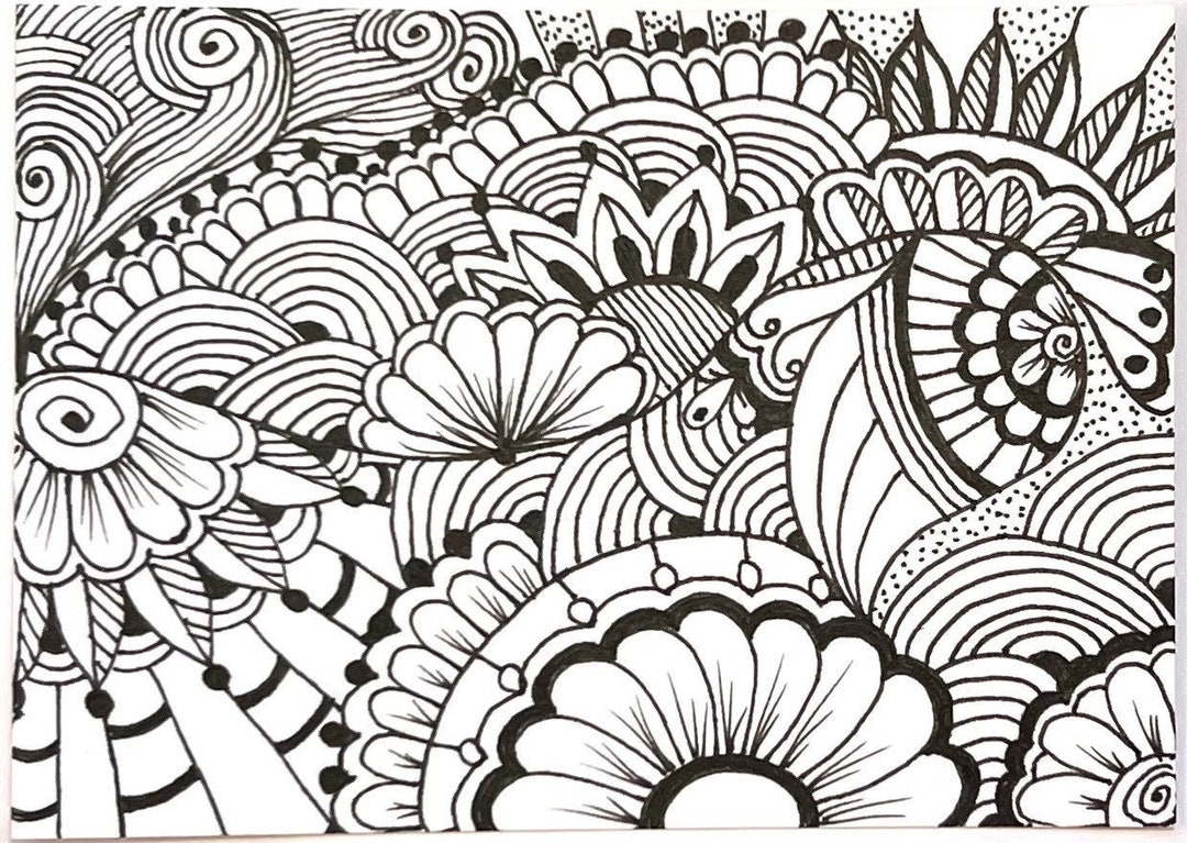 Floral Splash ACEO ORIGINAL Zentangle Style B&W or Color Your Own Way ...