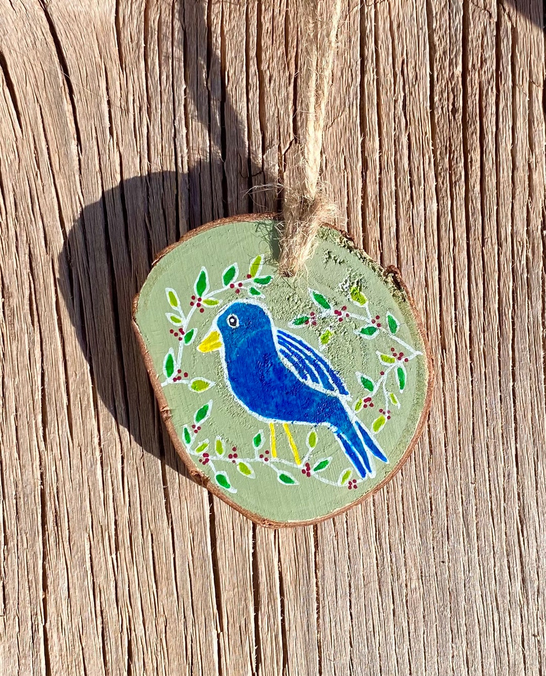 Hand Painted Rustic Wood Slice Blue in Branches Bluebird Ornament ...