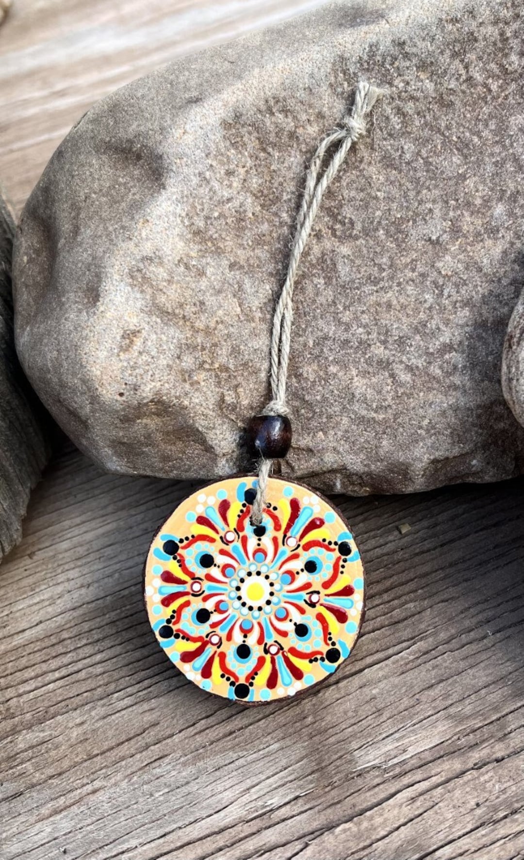 Hand Painted Rustic Wood Slice Mandala B Ornament Simple Art Colorful ...