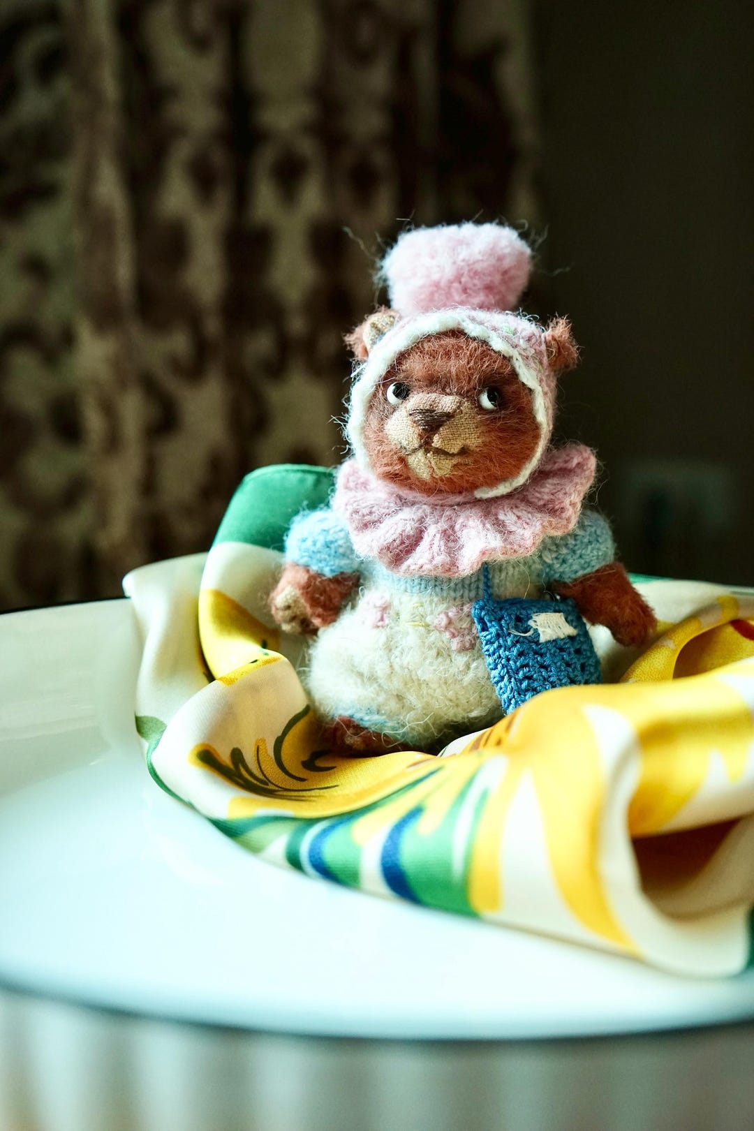 3.94-inch Wool Felt Teddy Bear With Macaron-inspired Knit Overalls ...