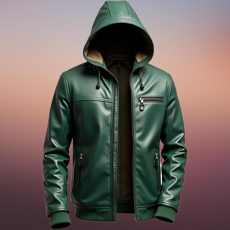 Men's Green Hooded Leather - Jacket Zipper Closure Jacket - Etsy
