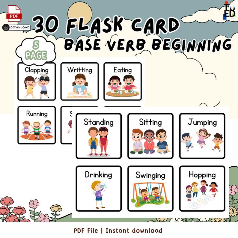 30 Action Words Flashcards Base Verb | Learn Verbs | Printable ...