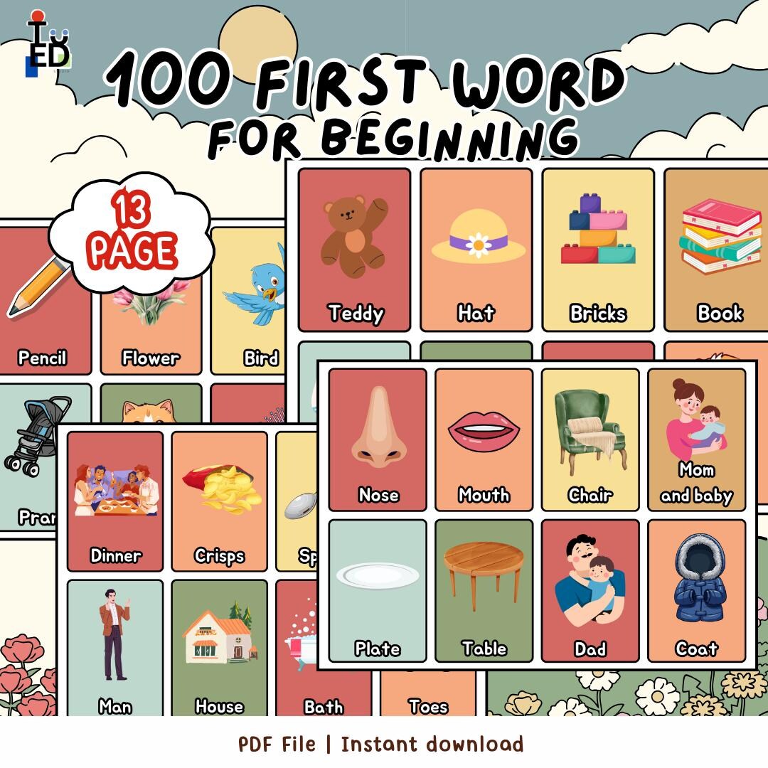 100 First Words Flashcards for Beginners | Printable | 13 Page | Pre-k ...