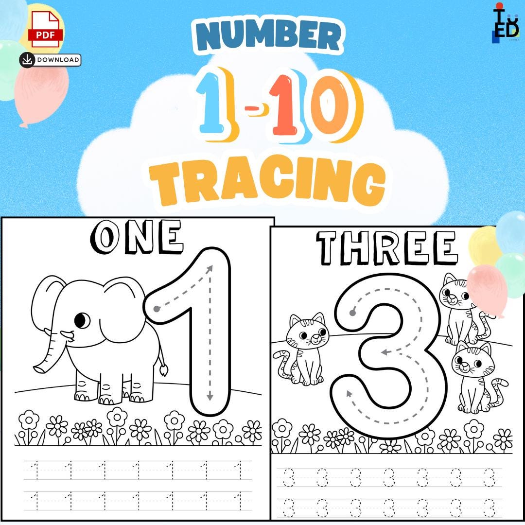 Numbers 1-10 Tracing & Coloring Worksheets | Preschool Kindergarten ...