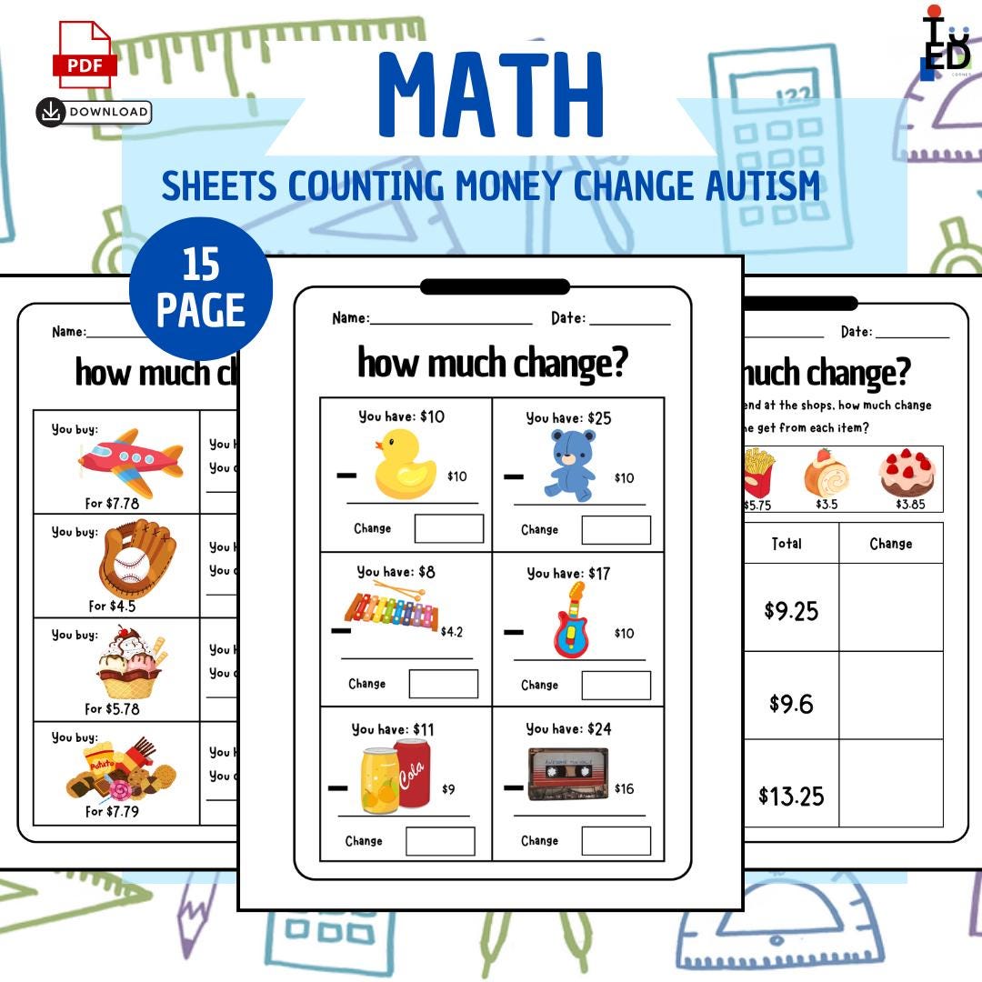 Math Counting Money Change | Autism Kids | 1st Grade | Printable - Etsy