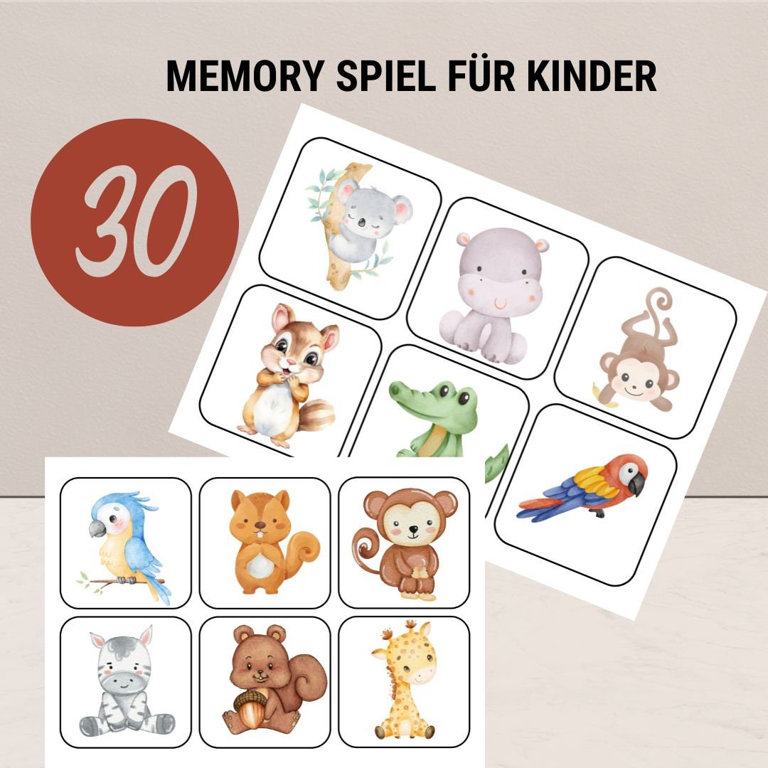 30 Memory Cards Finding Together Children Watercolor Animals Learning ...