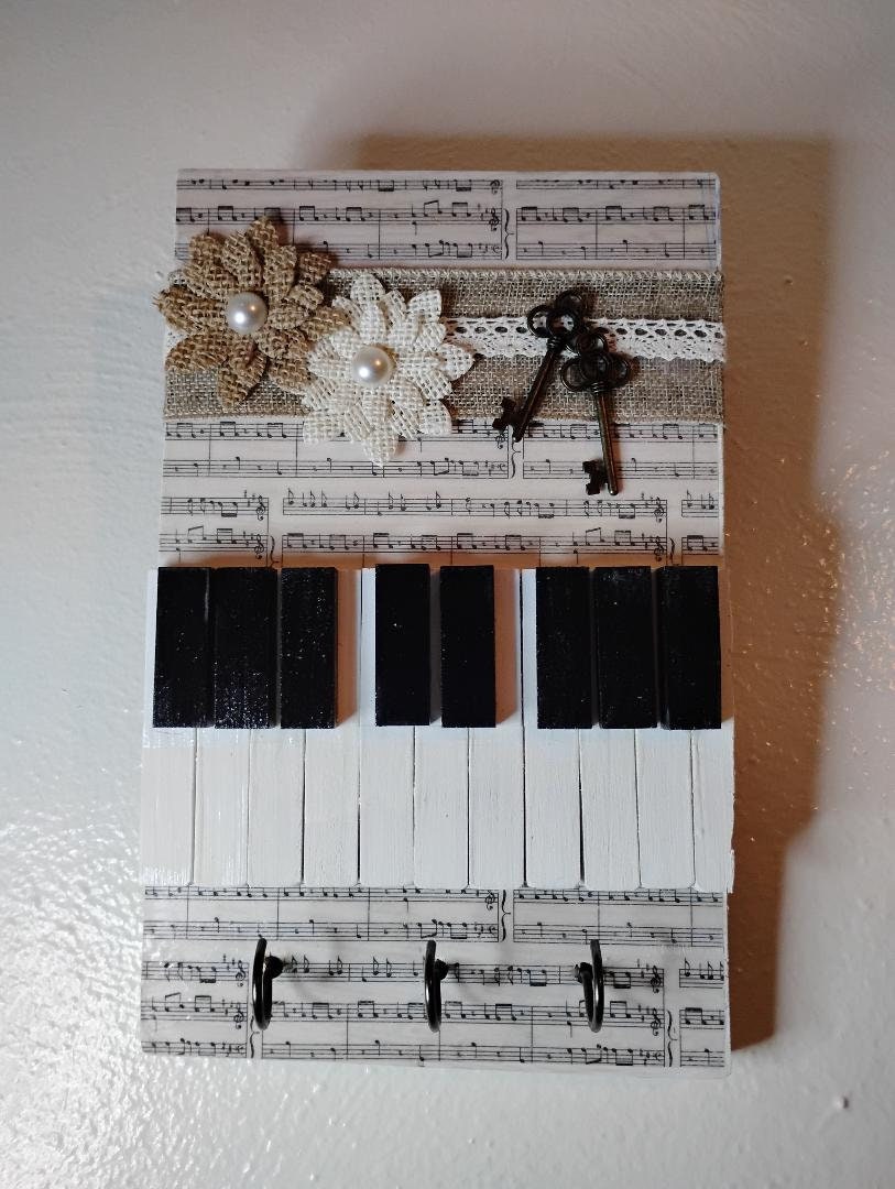 Handmade Wood Key Holder. Has Sheet Music Background W/ Wood "piano ...