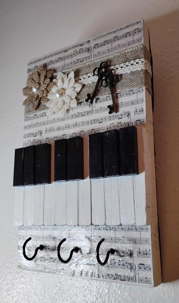 Handmade Wood Key Holder. Has Sheet Music Background W/ Wood "piano ...