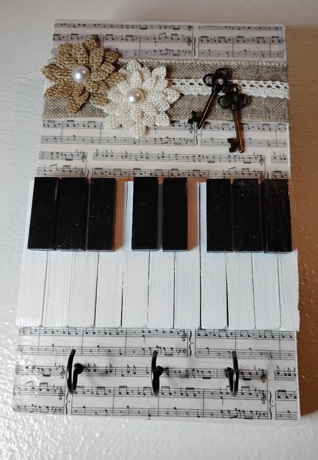 Handmade Wood Key Holder. Has Sheet Music Background W/ Wood "piano ...