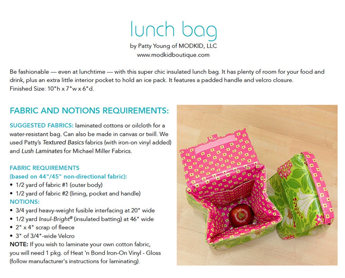Lunch Bag PDF Downloadable Pattern by MODKID Instant | Etsy