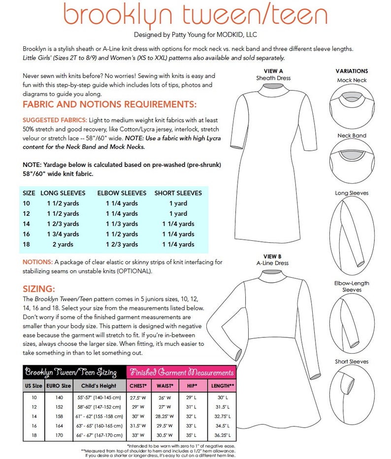 Brooklyn Tween Teen Dress PDF Downloadable Pattern by Modkid... Sizes ...