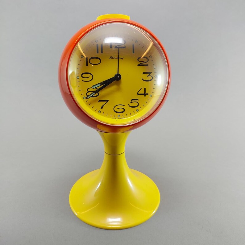 1970s Blessing Space Age Alarm Clock, Vintage Red Yellow Pedestal Table ...