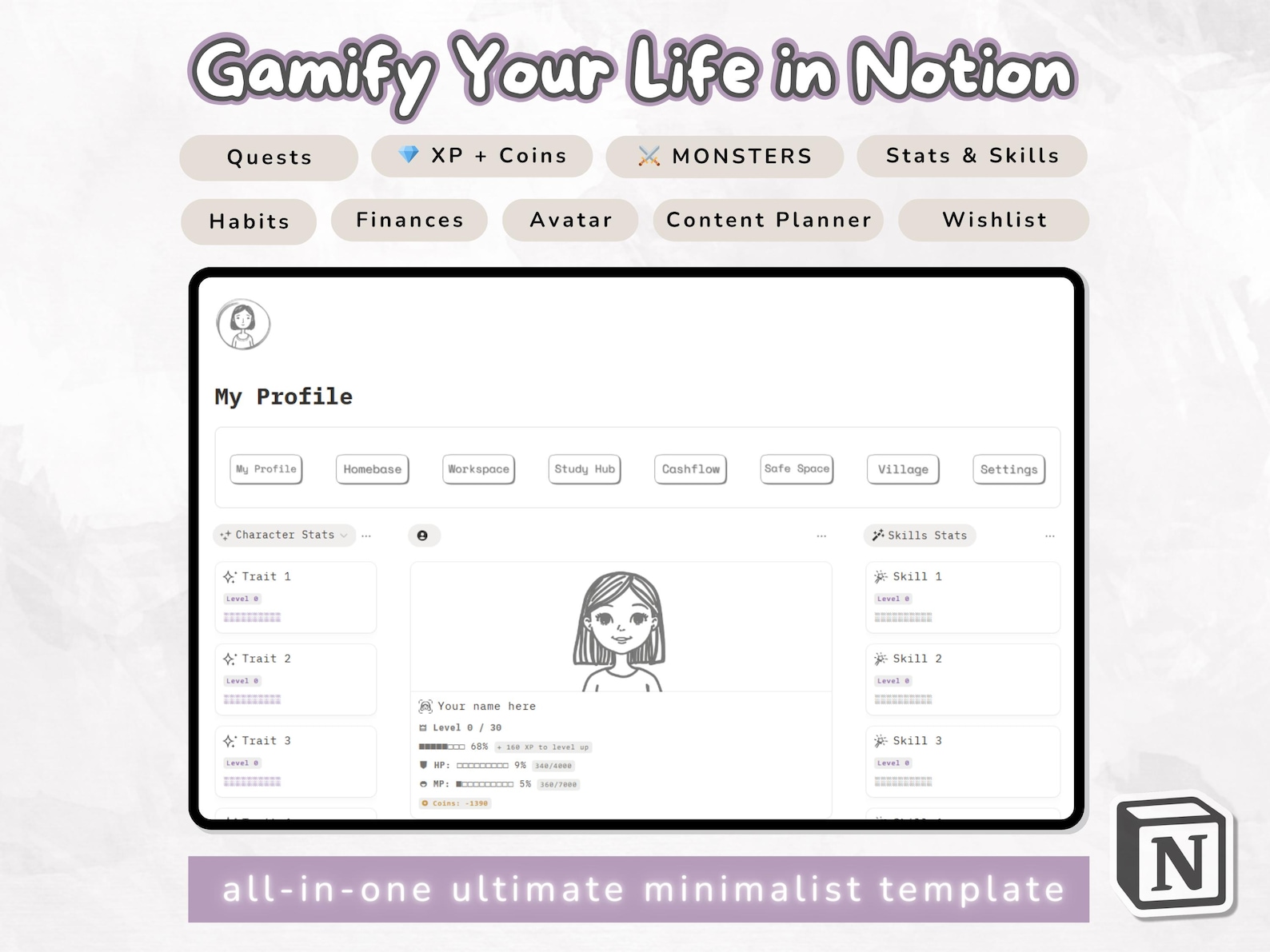 Minimalist Gamified Life Planner Notion Template: RPG Habit Tracker ...