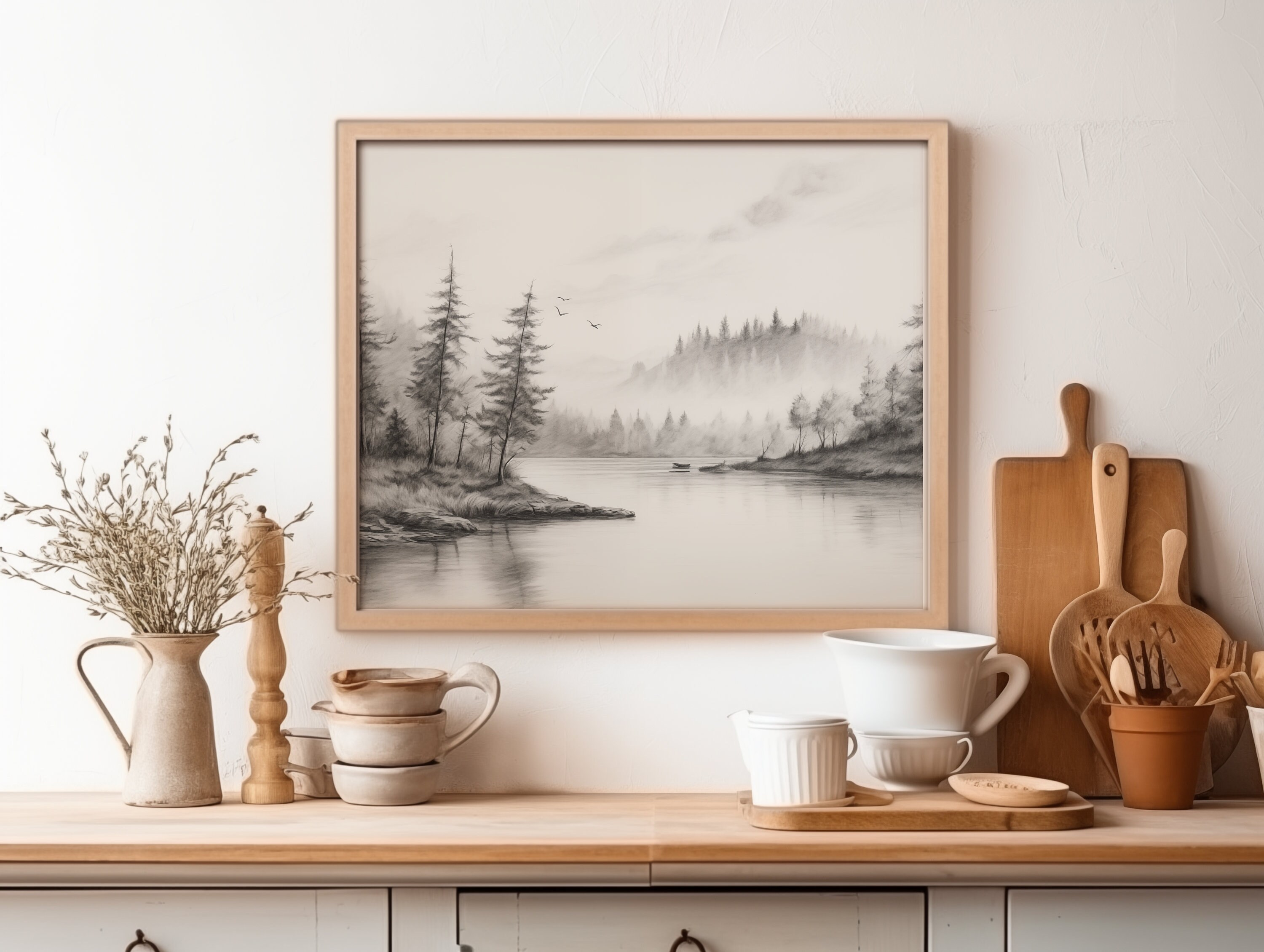 River Landscape Pencil Sketch, Wall Art, Minimalistic Drawing, Pencil ...