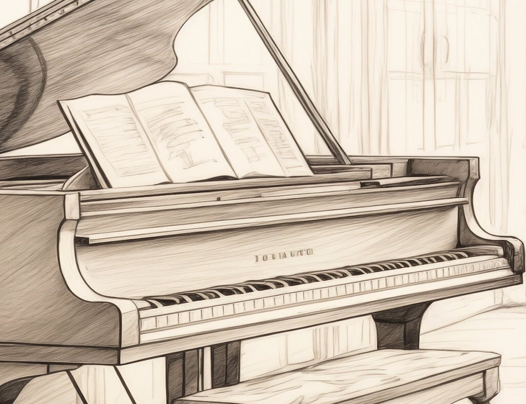 Antique Music Room Pencil Sketch, Vintage Style Drawing, Minimalistic ...