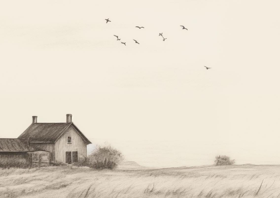 Vintage Farmhouse Pencil Sketch Print, Rustic Landscape Art (digital ...