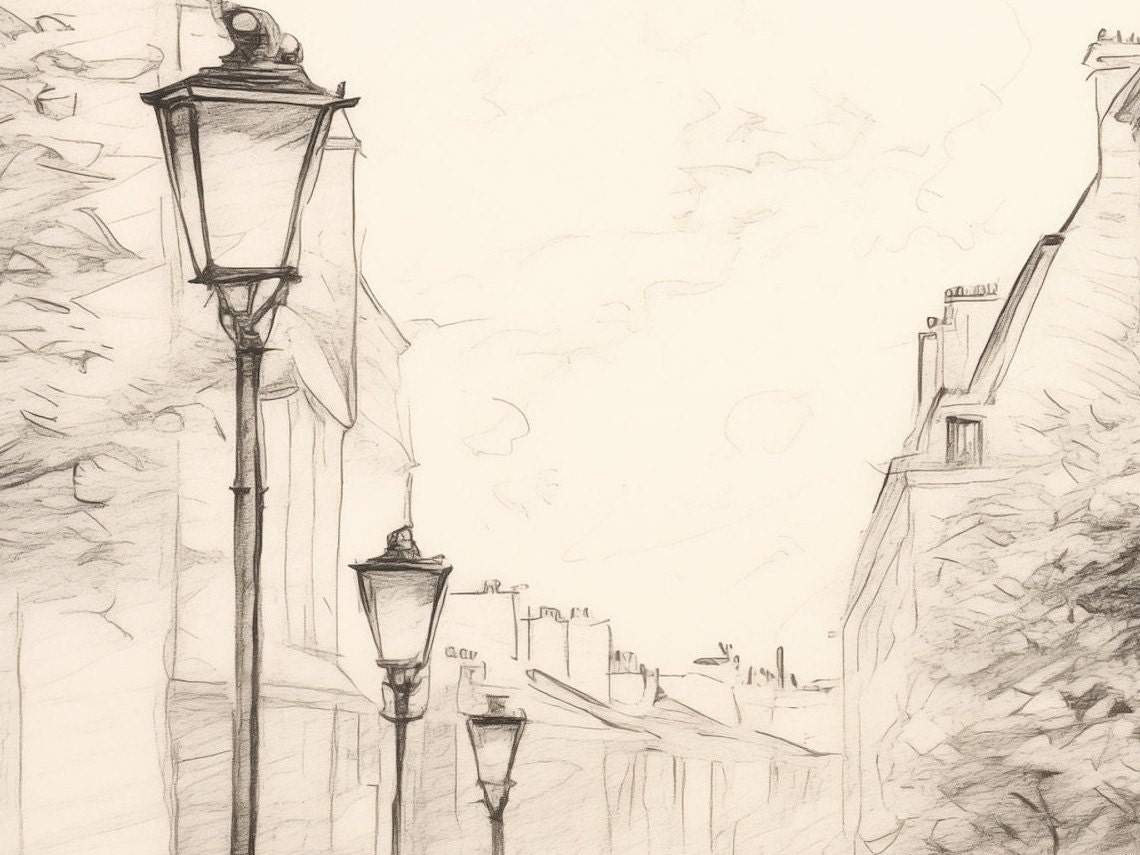 Vintage City Pencil Sketch, Wall Art, Minimalistic Drawing, Pencil ...