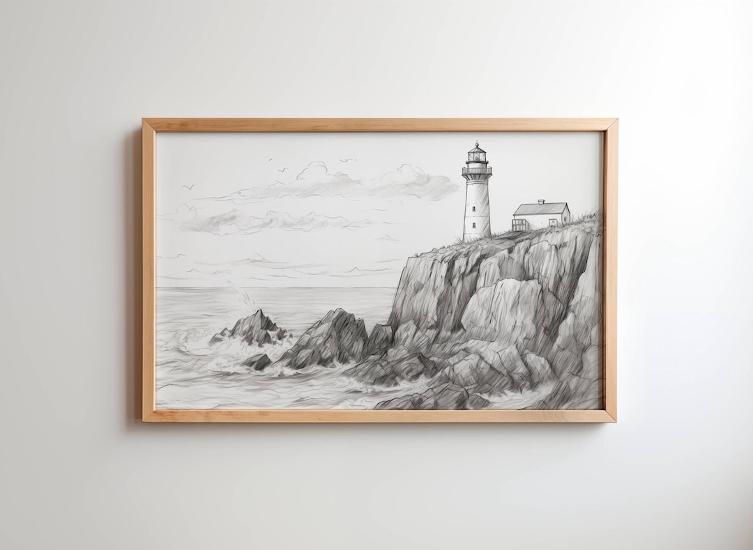 Coastal Lighthouse Pencil Sketch, Minimalistic Wall Art, Vintage ...