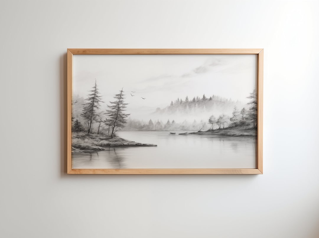 River Landscape Pencil Sketch, Wall Art, Minimalistic Drawing, Pencil ...