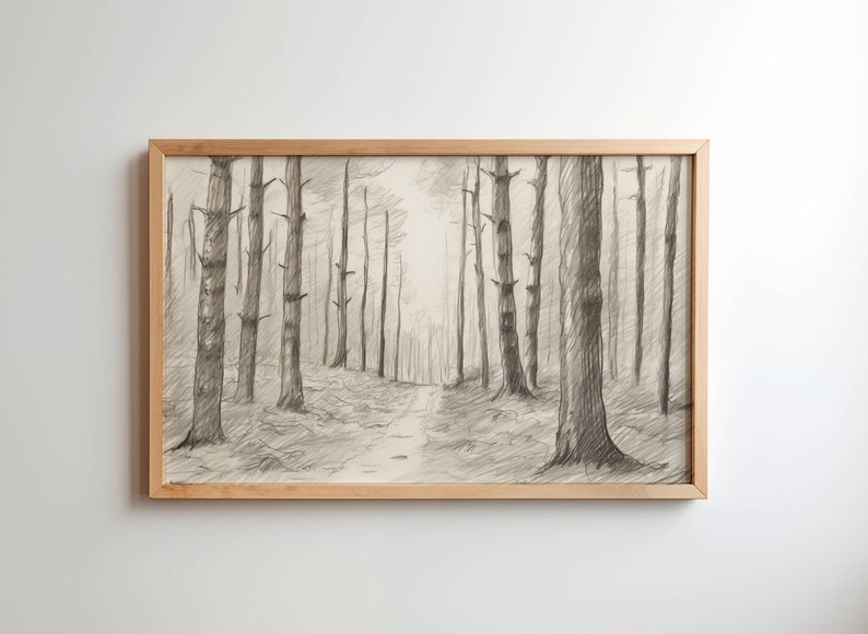 Vintage Forest Path Pencil Sketch, Digital Wall Art, Minimalist ...