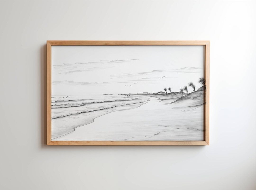 Vintage Style Beach Landscape Pencil Sketch, Digital Wall Art ...
